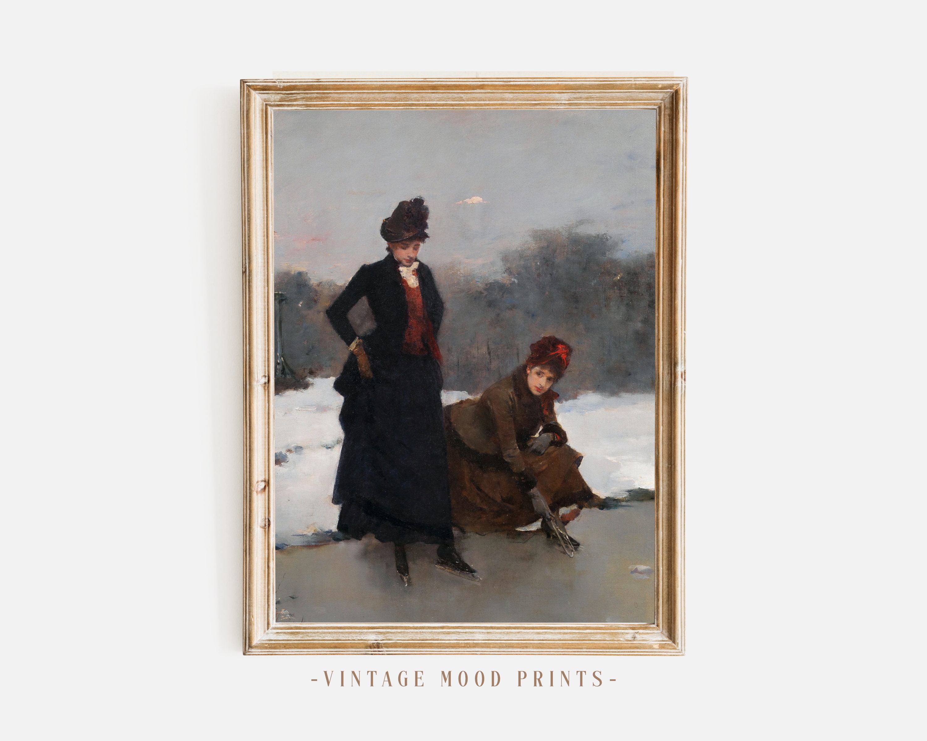 Victorian Girls Skating on a Frozen Lake, Vintage Oil Painting, Winter ...