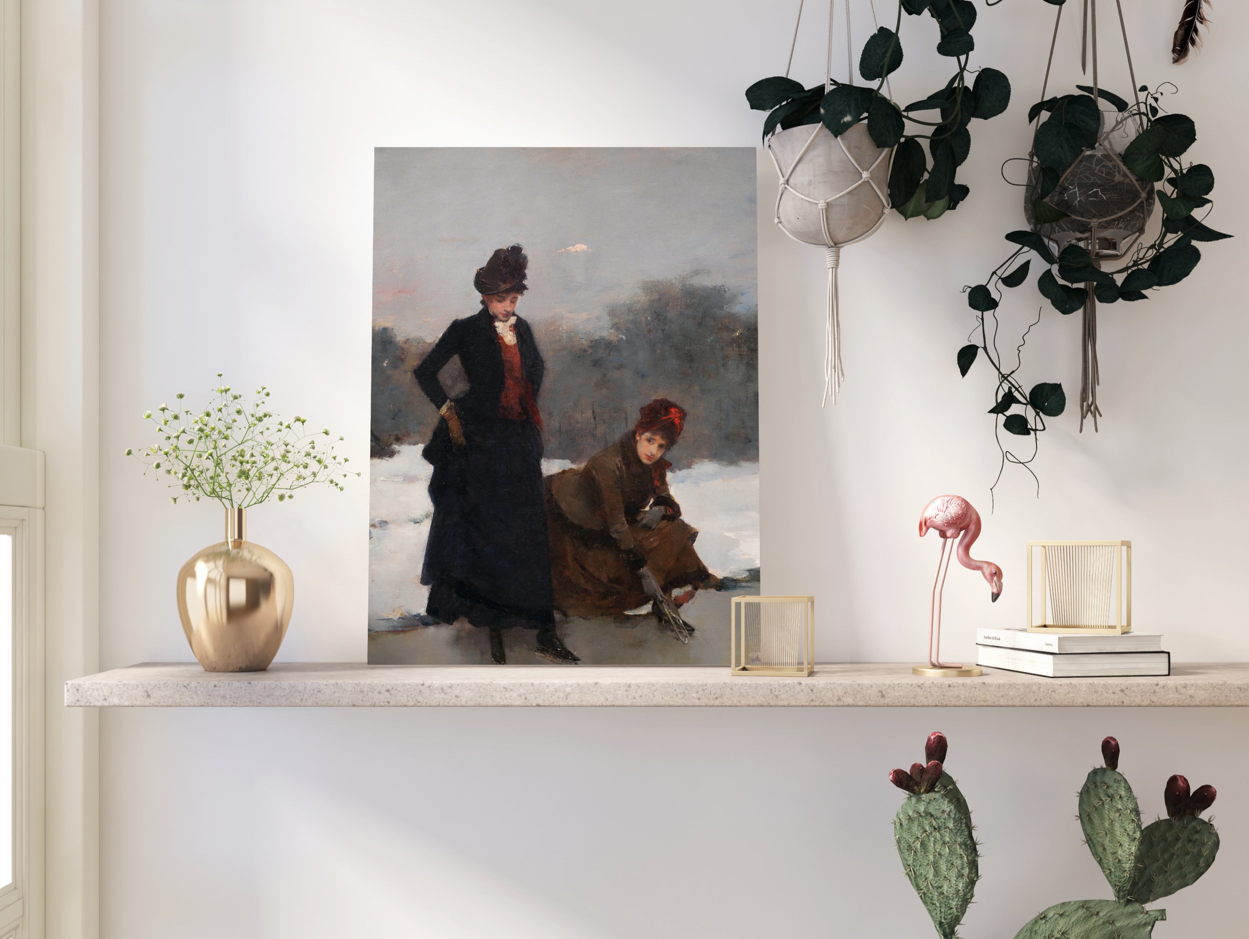 Victorian Girls Skating on a Frozen Lake, Vintage Oil Painting, Winter ...
