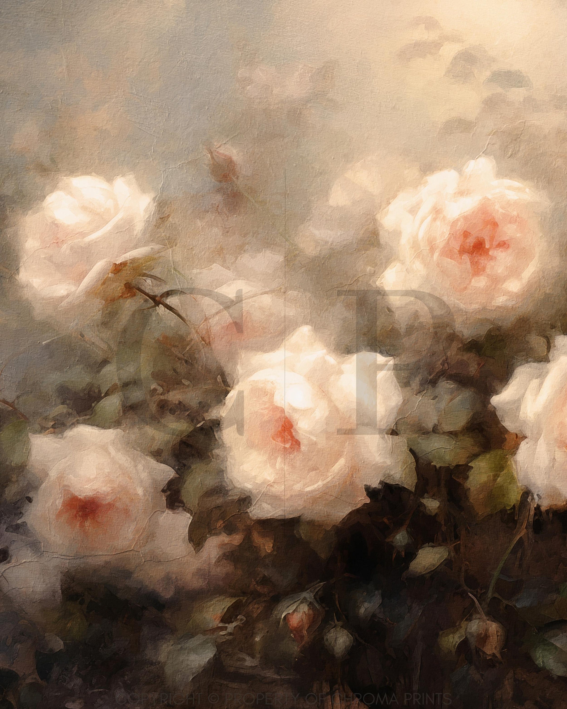 White Rose Artwork, Rose Garden Oil Painting, Moody Floral Art Digital ...