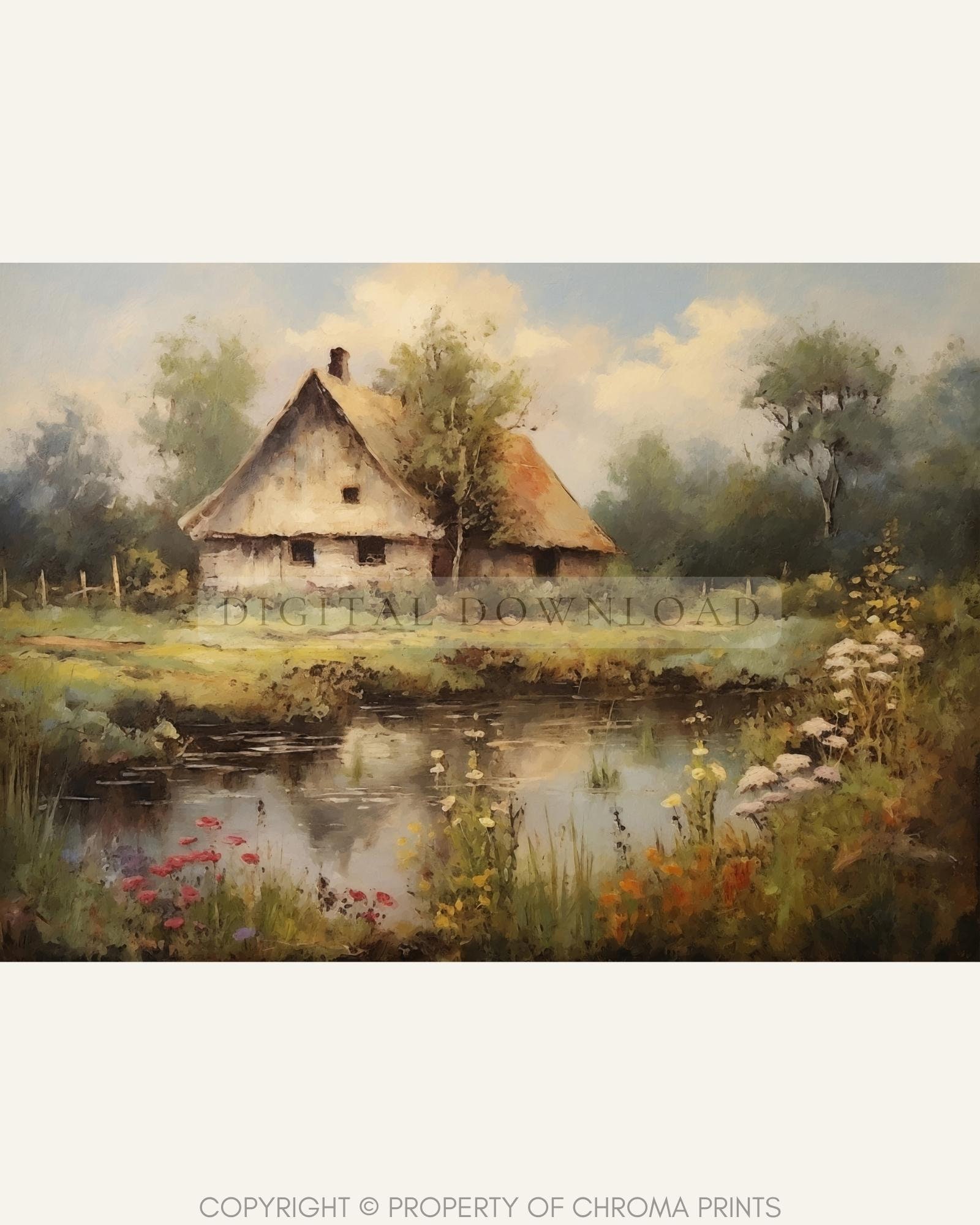 Vintage Cottage Landscape Painting Vintage Rustic Country Art Digital ...