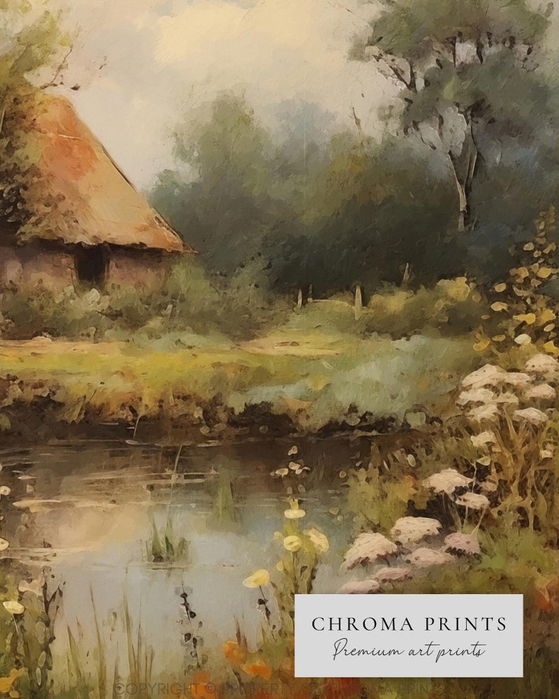 Vintage Cottage Landscape Painting | Vintage Rustic Country Art ...