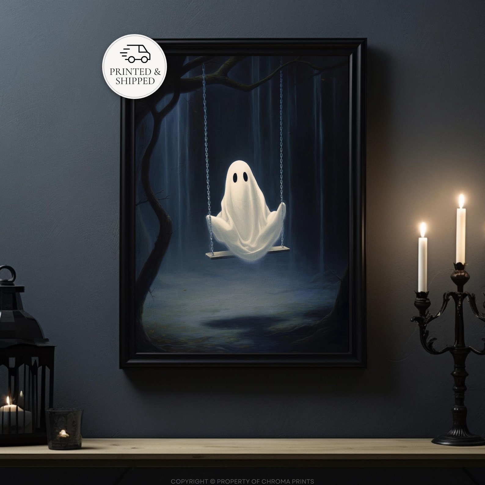 Ghost on the Swing Poster Cute Spooky Gothic Art Print Dark Academia Decor Abandoned Art Sheet ...