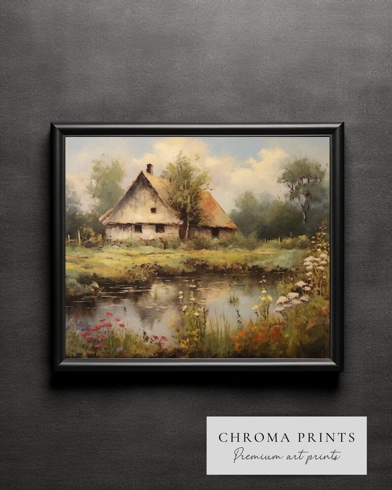 Vintage Cottage Landscape Painting | Vintage Rustic Country Art ...