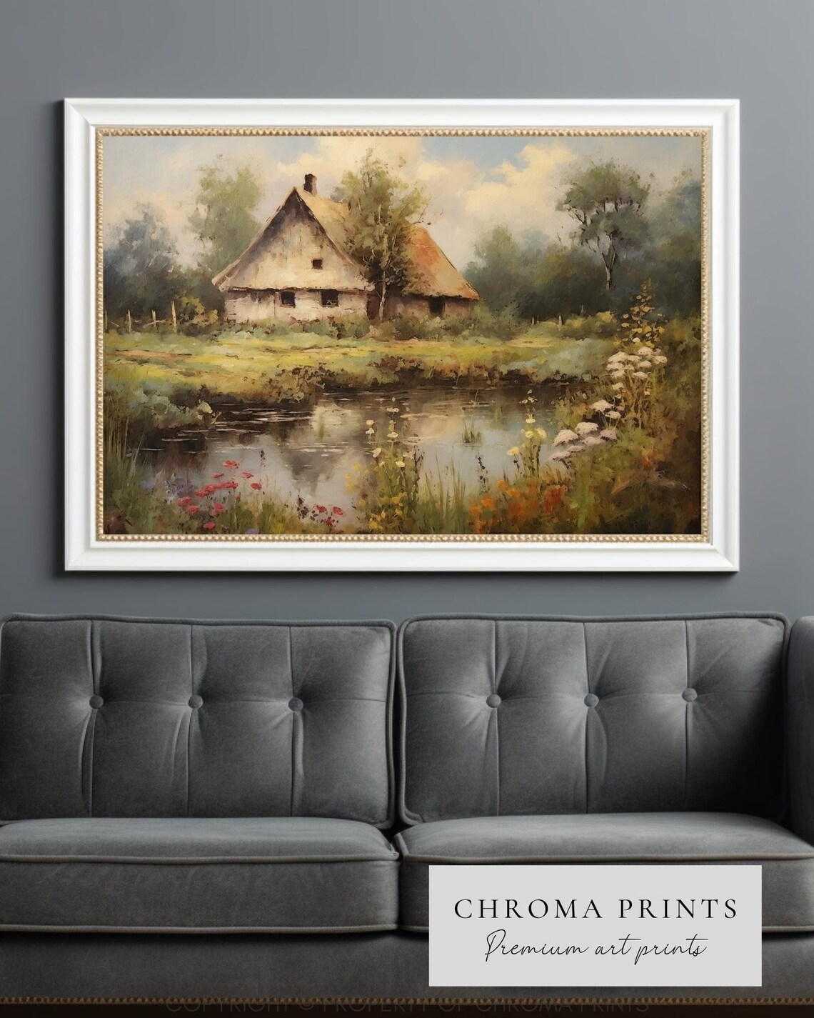 Vintage Cottage Landscape Painting Vintage Rustic Country Art Digital ...