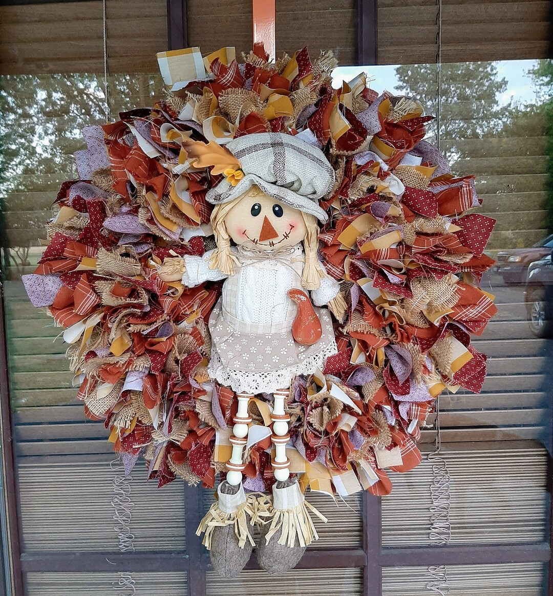 Fall Rag Wreath, Scarecrow Wreath, Harvest Decor, Fall Decor, Primitive ...
