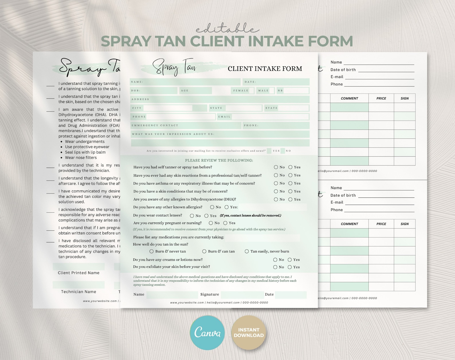 Editable Spray Tan Client Intake Form: Printable Spa Consultation ...