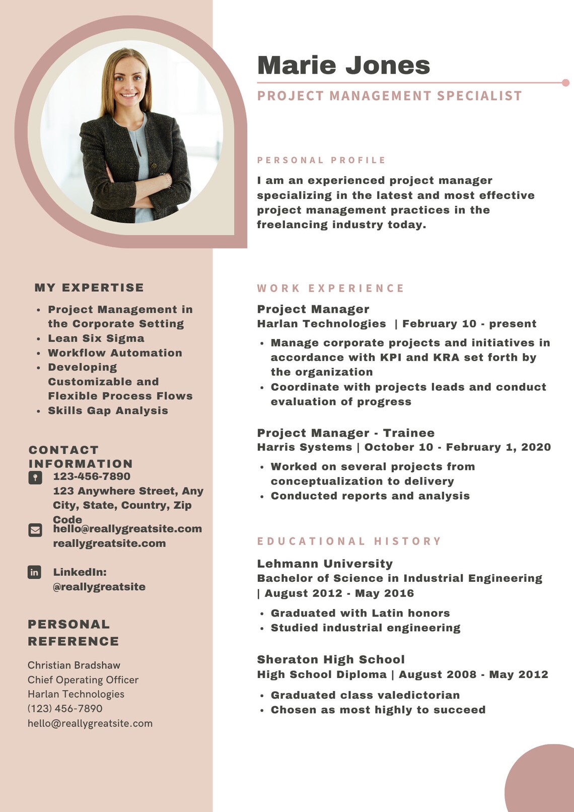 Project Manager Resume Template 1 Page Resume Template Professional ...