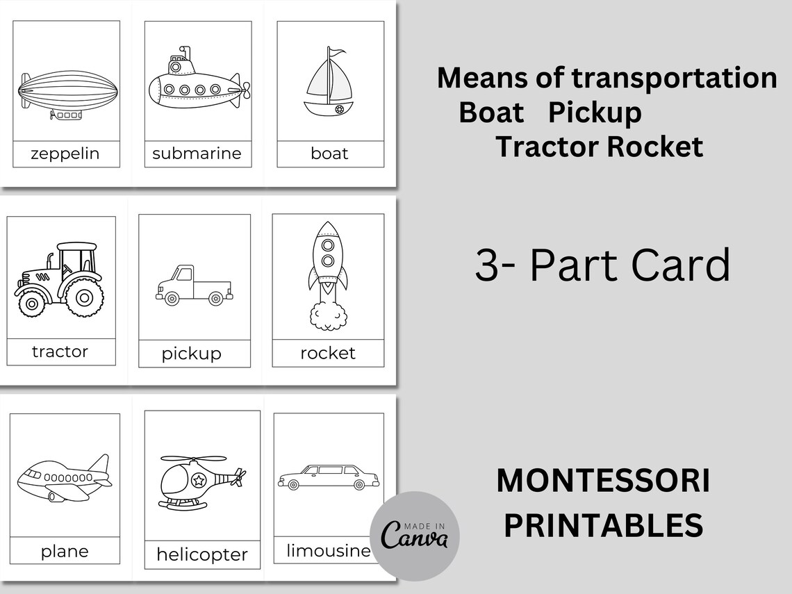 Montessori Vehicle Flashcards for Kids | Printable Car & Animal Cards ...