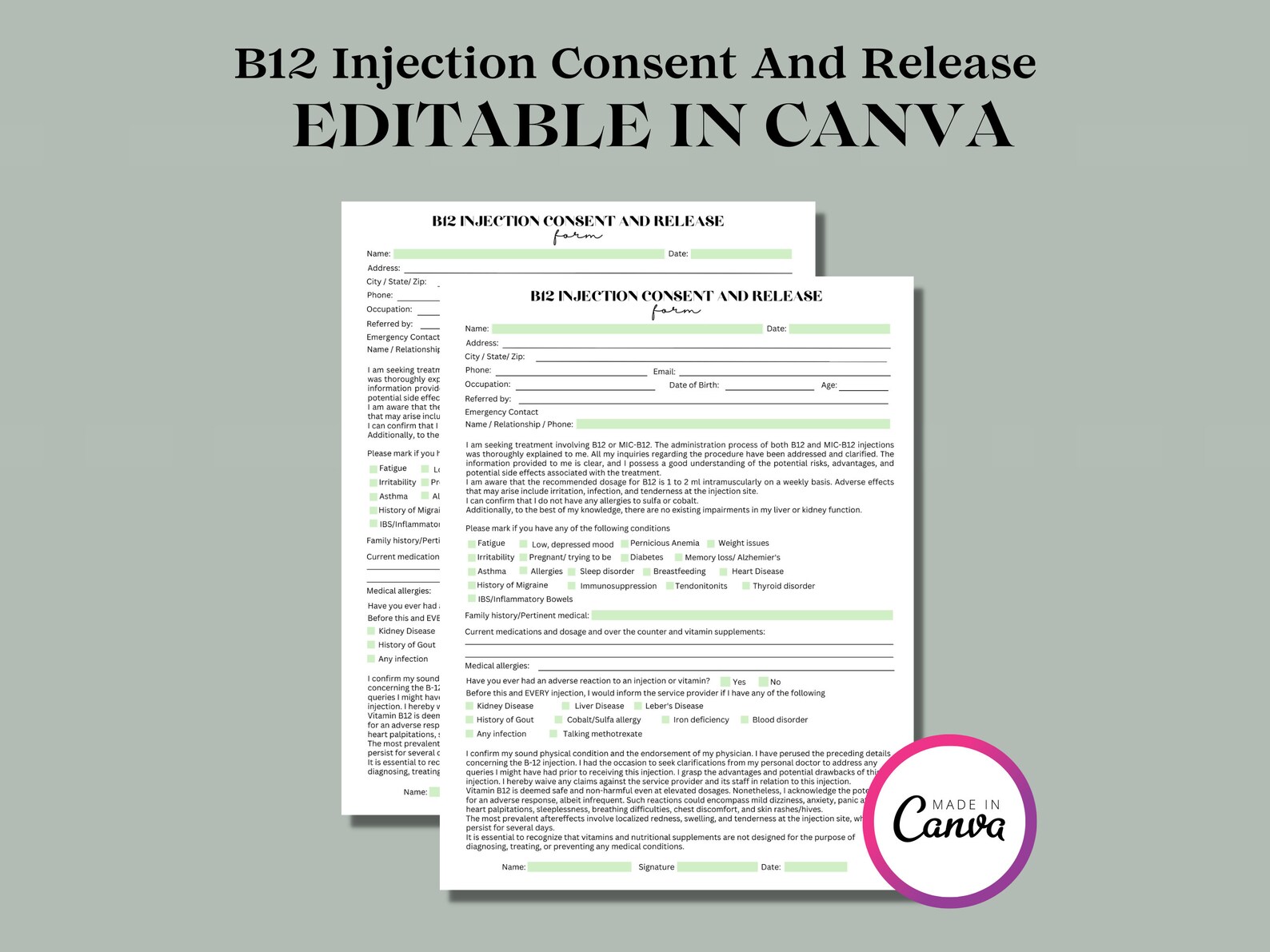 B12 Consent Form for Vitamin B12 Injections, Client Forms, Professional Esthetician Template ...