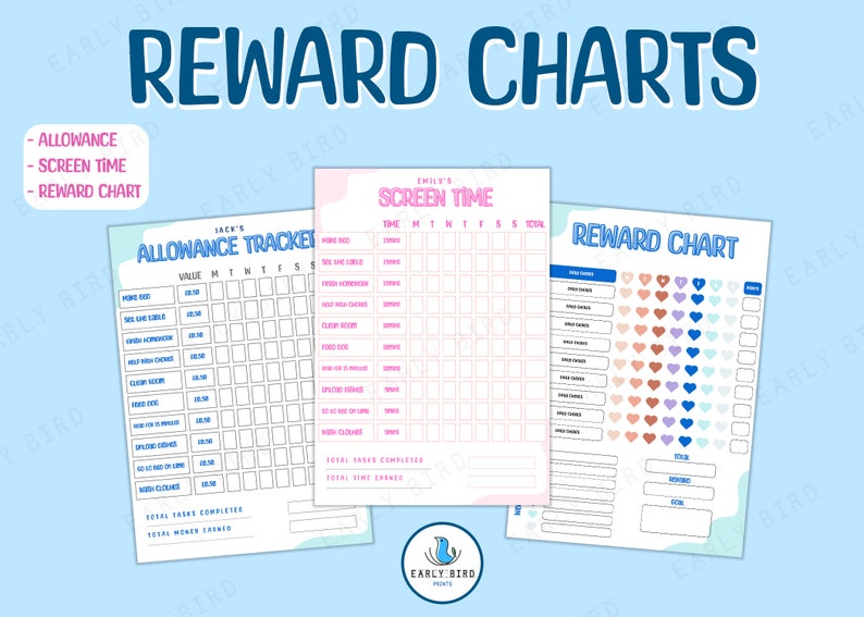 Editable Kids Chore Charts, Reward, Allowance, Screen Time, School ...