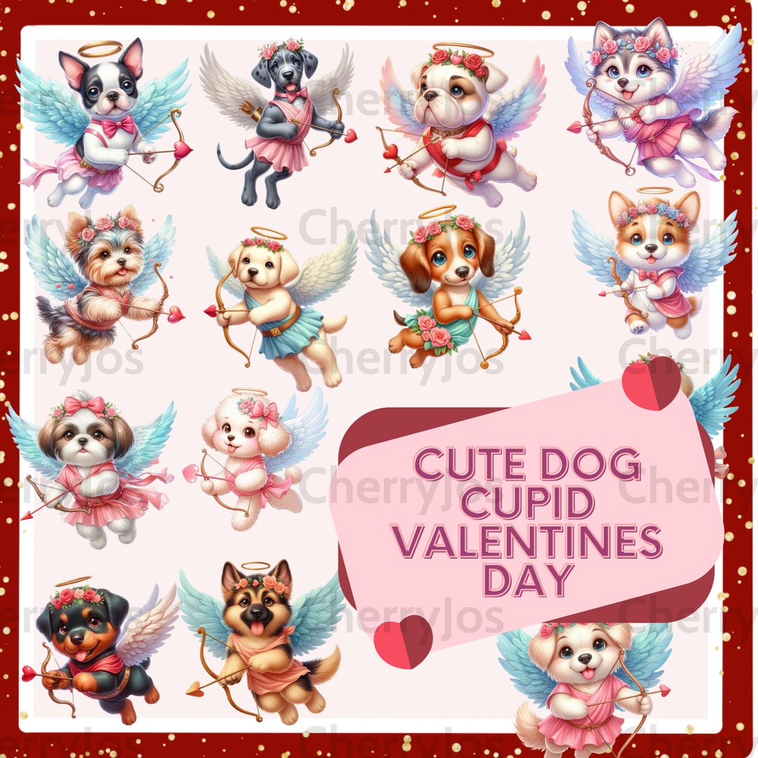 Valentine's Day Dogs Watercolor Clipart Bundle, PNG Romantic Dog Images ...