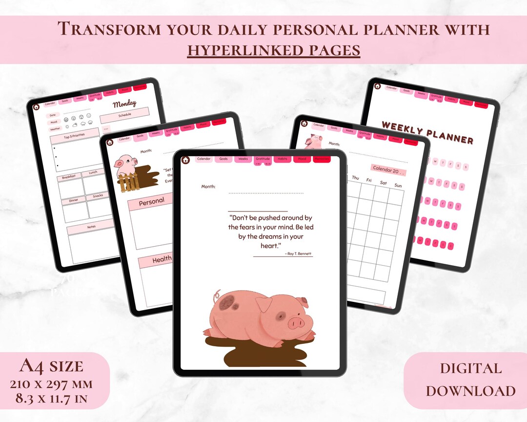 Pig-themed Daily Personal Planner, Monthly Goals Page, Digital Weekly ...