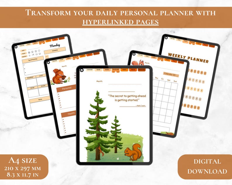 Squirrel-themed Daily Personal Planner, Monthly Goals Page, Digital ...