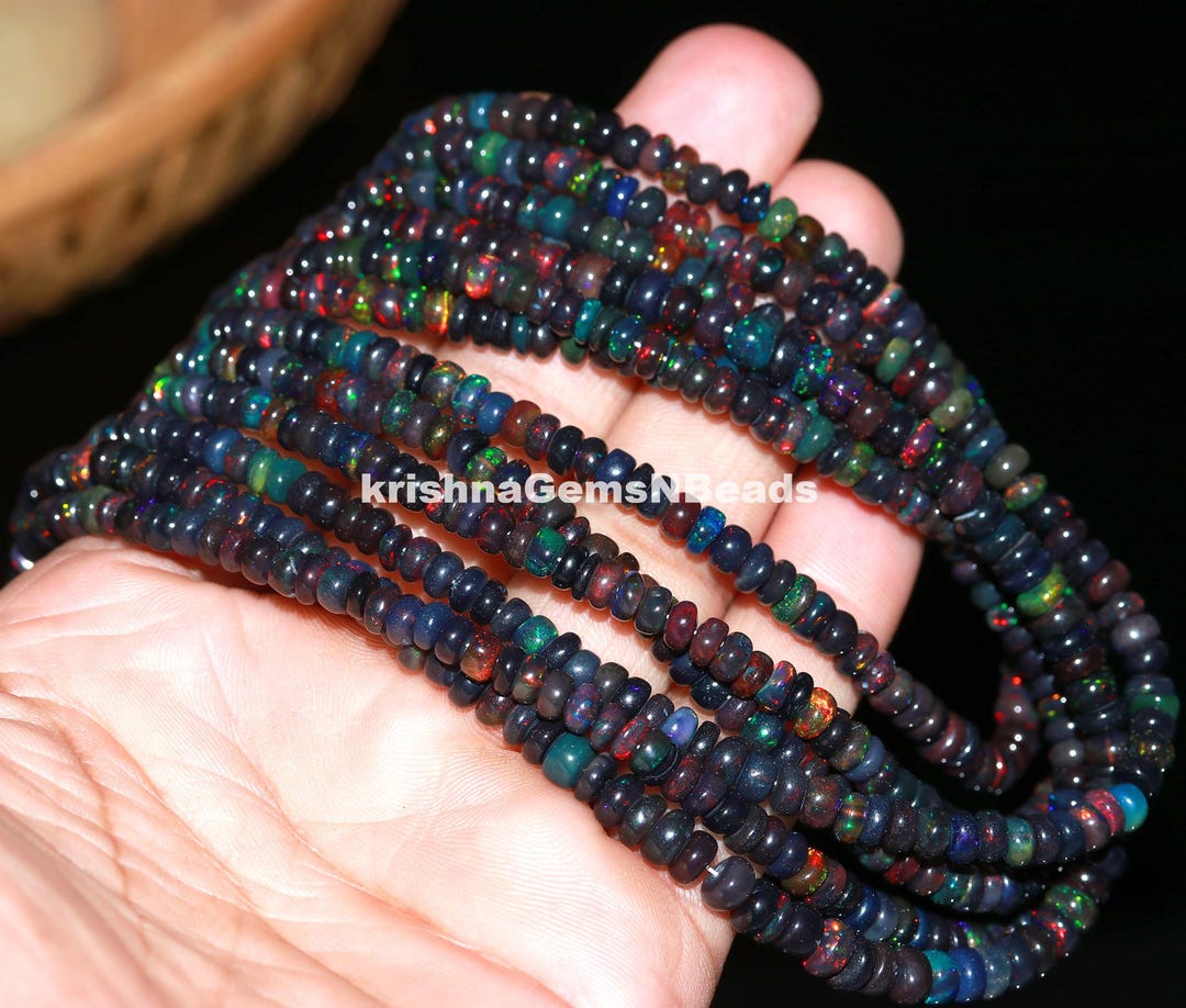 Natural Black Ethiopian Opal Beads: Smooth Rondelle Gemstone, 4-4.5mm ...