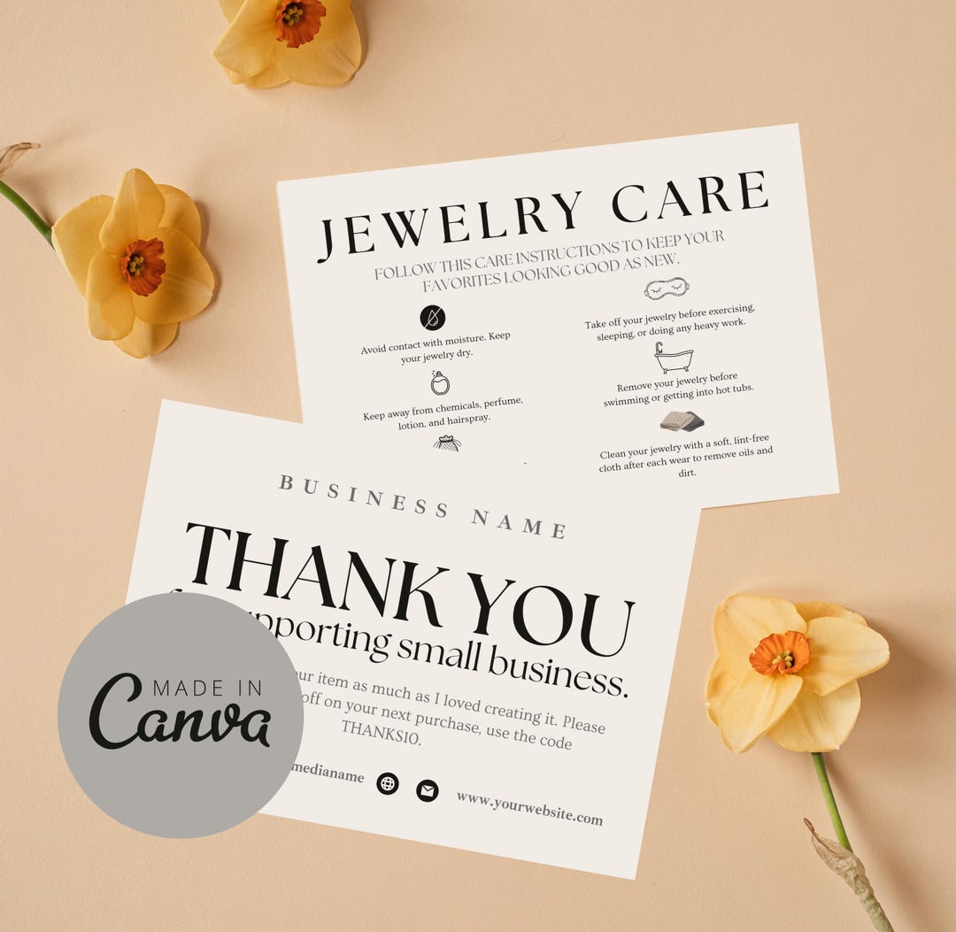 Permanent Jewelry Care Card Template, Editable Care Instructions ...