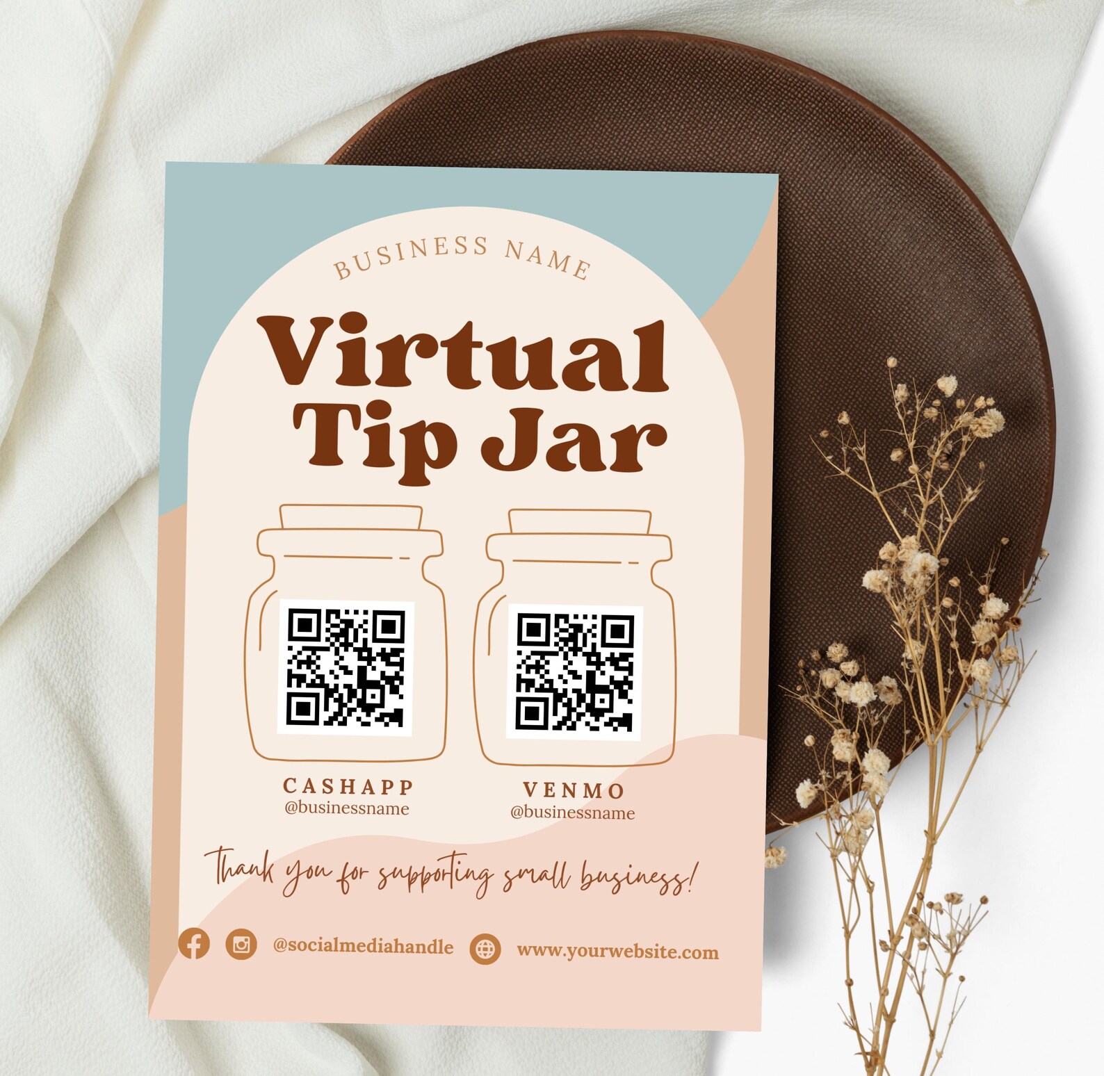 Virtual Tip Jar Template QR Code, Editable Boho Tipping Sign, Printable ...