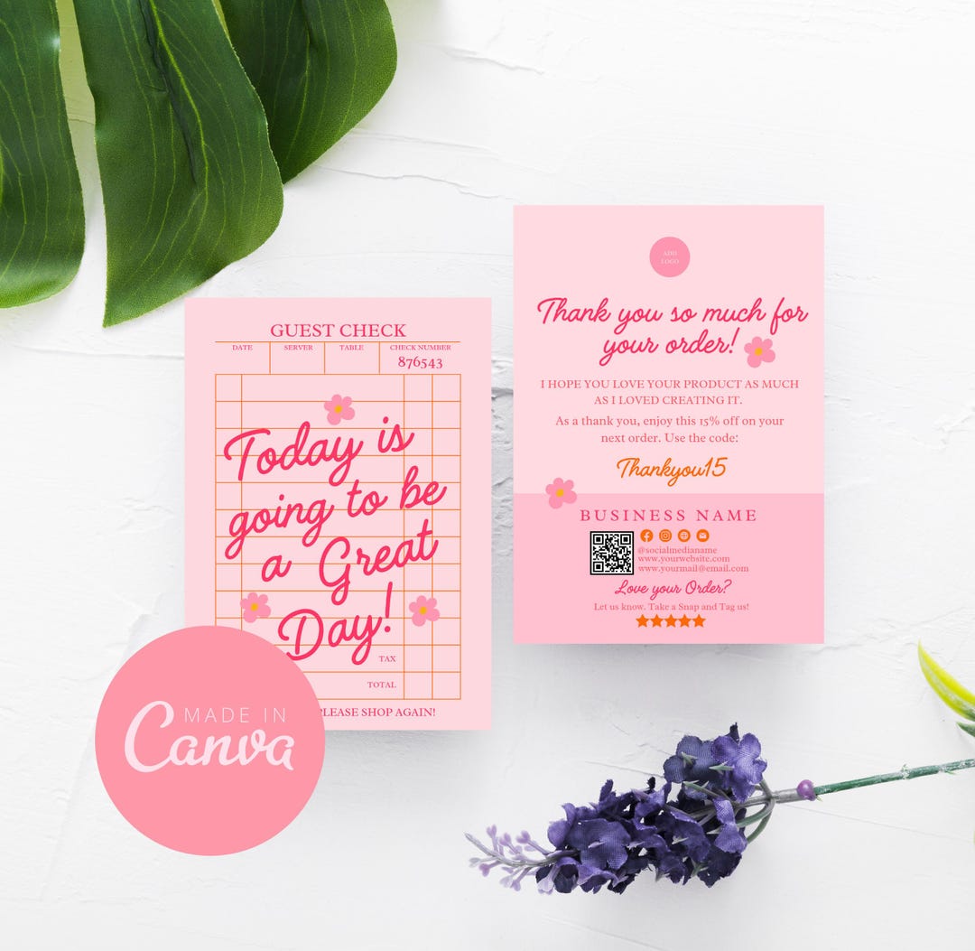 Trendy Business Thank You Card Template, Editable Guest Check Customer ...