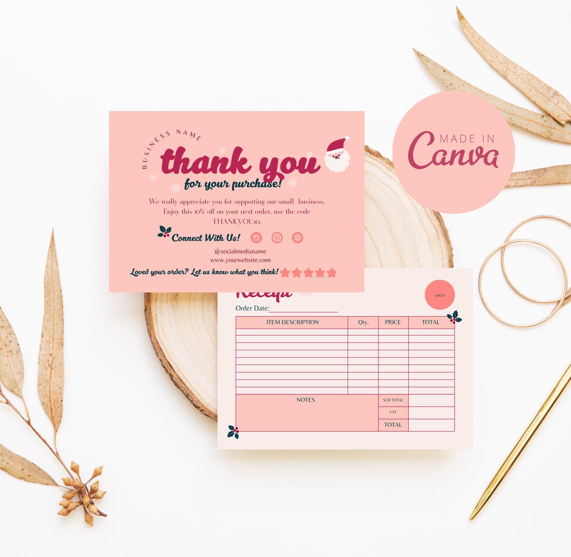 Christmas Thank You Card Template, Editable Receipt Form Design ...