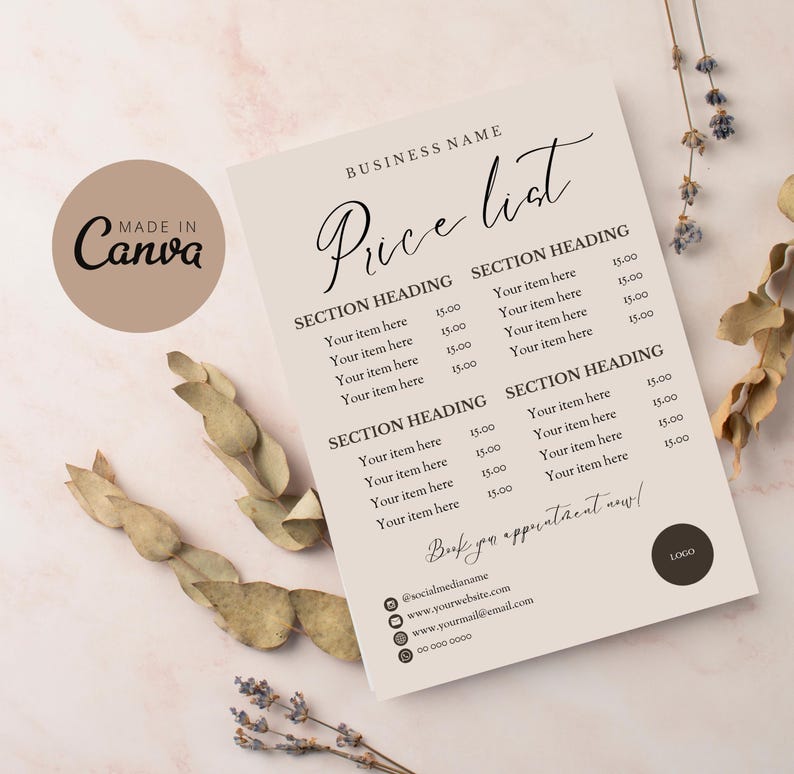 Price List Template, Printable Small Business Pricing Guide Design ...