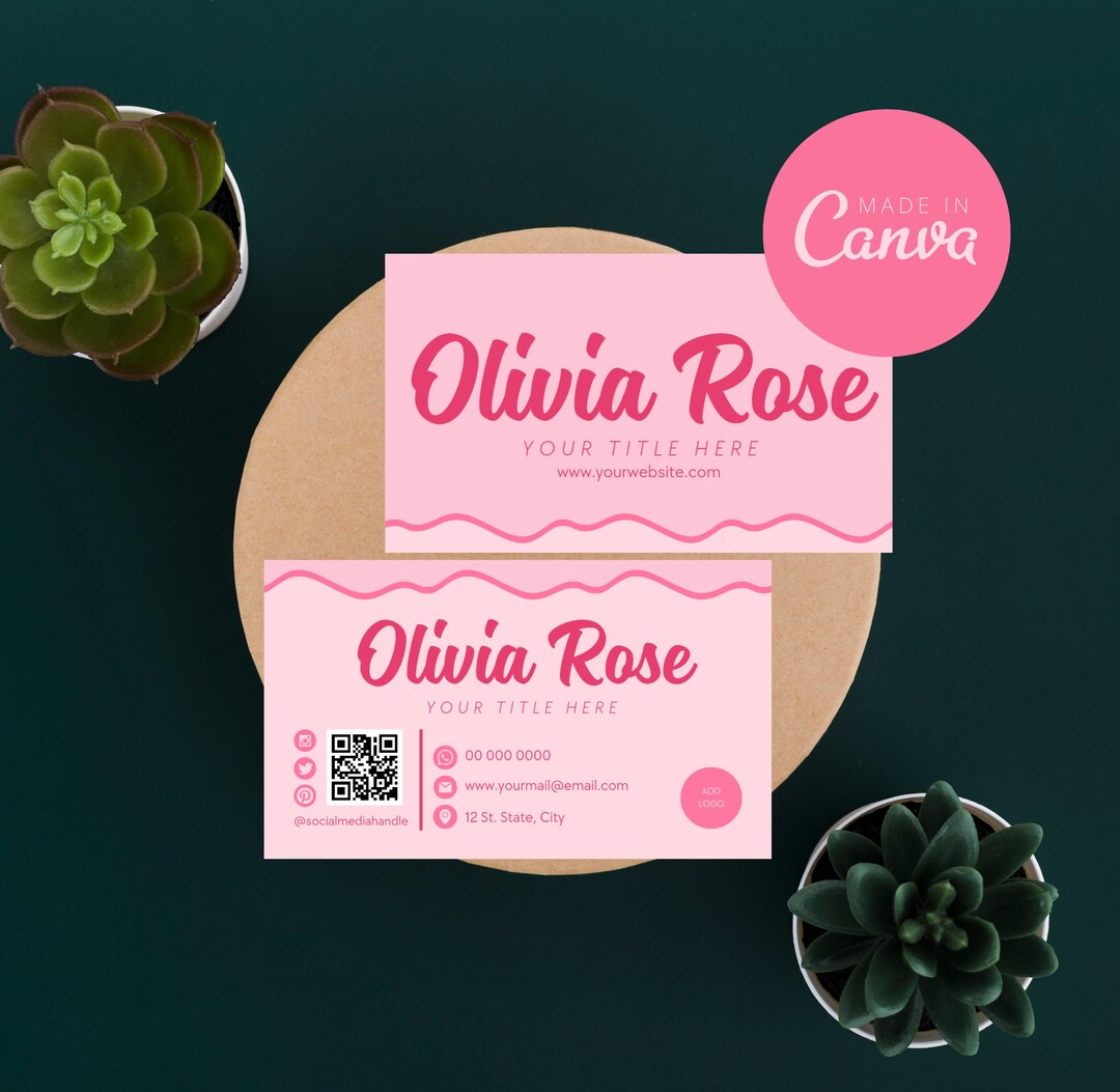 Business Card Template QR Code, Printable Pink Calling Card, Editable ...