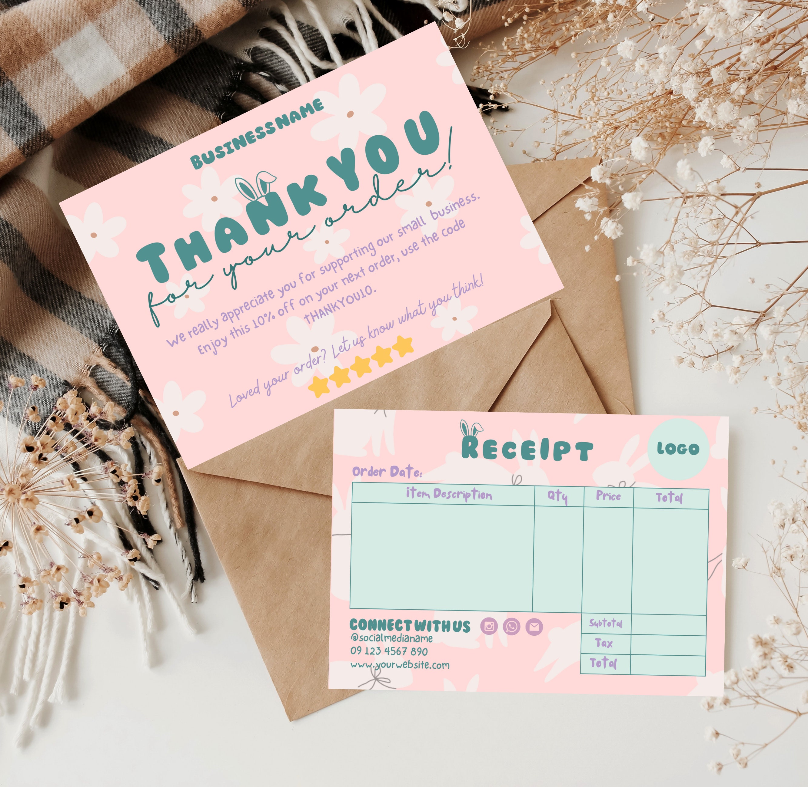 Editable Thank You Card Template, Printable Receipt Form for Small ...