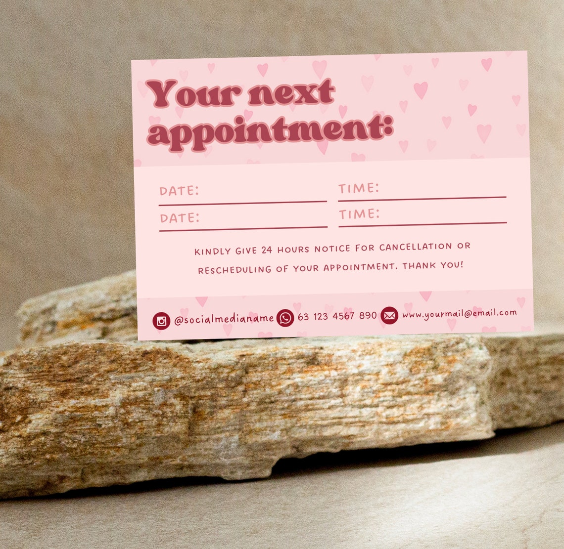 Editable Appointment Card Template, Pink Heart Booking Reminder Design ...