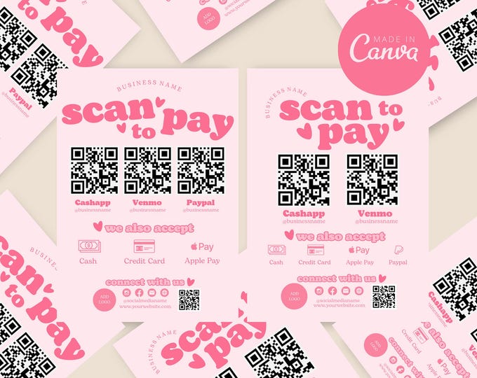 Editable Pink Scan to Pay Card, QR Code Template, Printable Payment ...