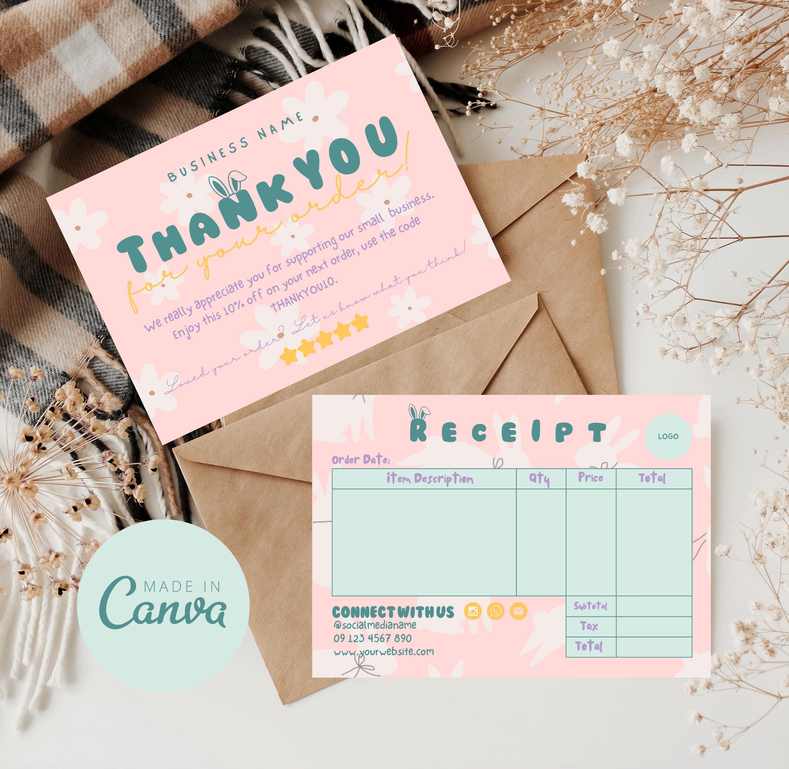 Editable Thank You Card Template, Printable Small Business Receipt Form ...
