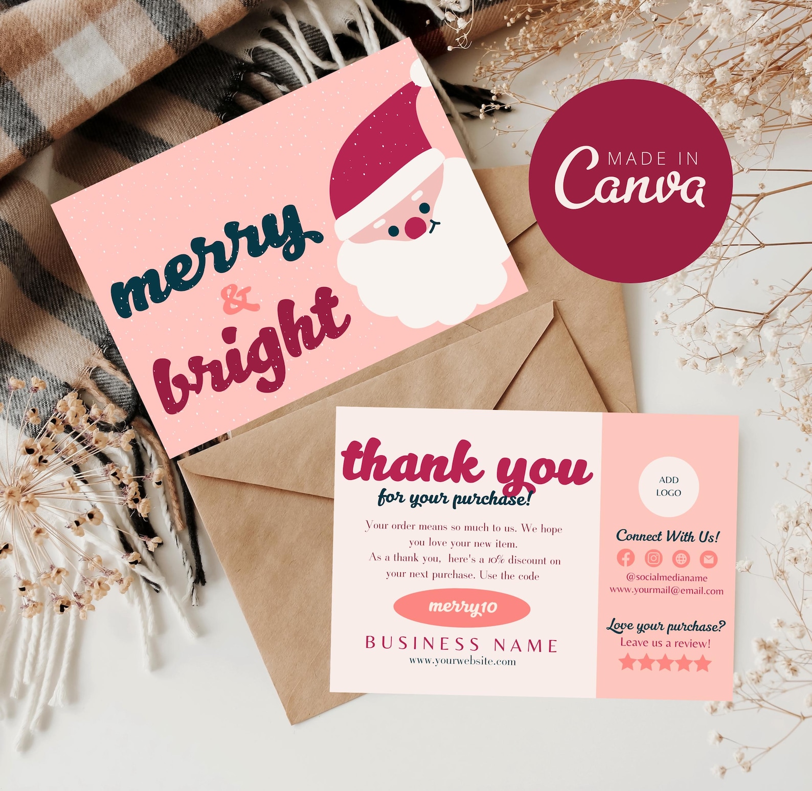 Christmas Thank You Card Template, Editable Holiday Business Insert ...