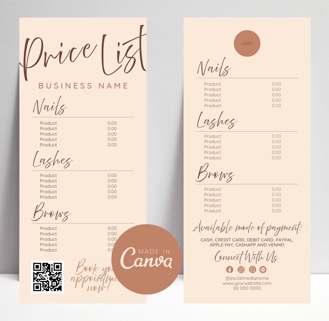 Salon Price List Template, Editable Small Business Price Sheet Design ...