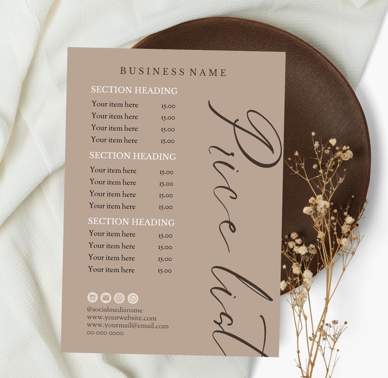 Price List Template, Printable Small Business Pricing Guide Design ...