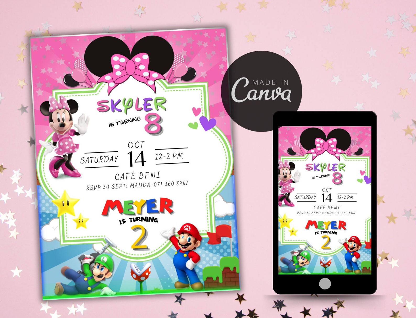 Minnie Mouse and Mario Bros Joint Birthday Invitation-two Theme Party ...