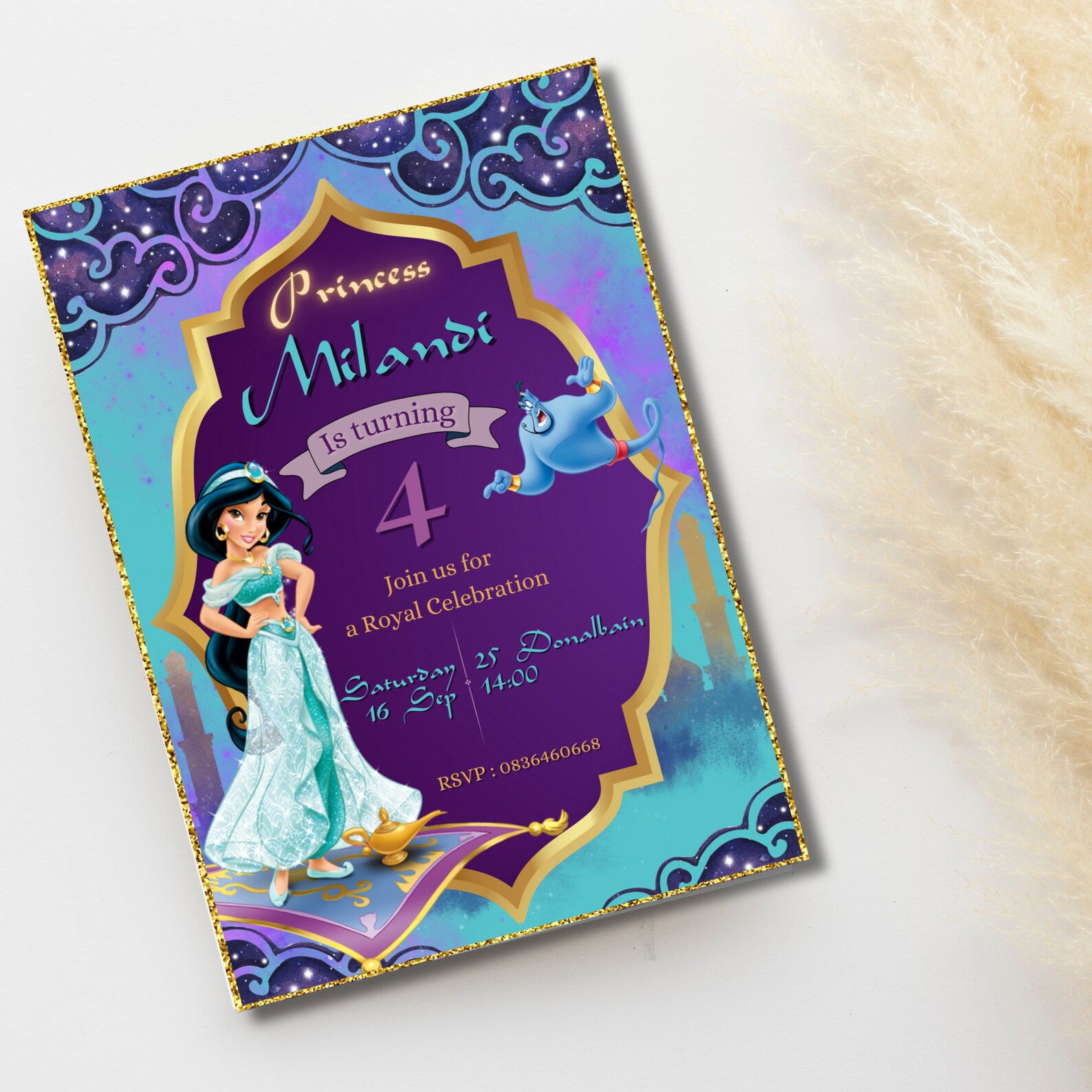Digital Princess Jasmine Birthday Invitation-princess Party Invite-kids ...
