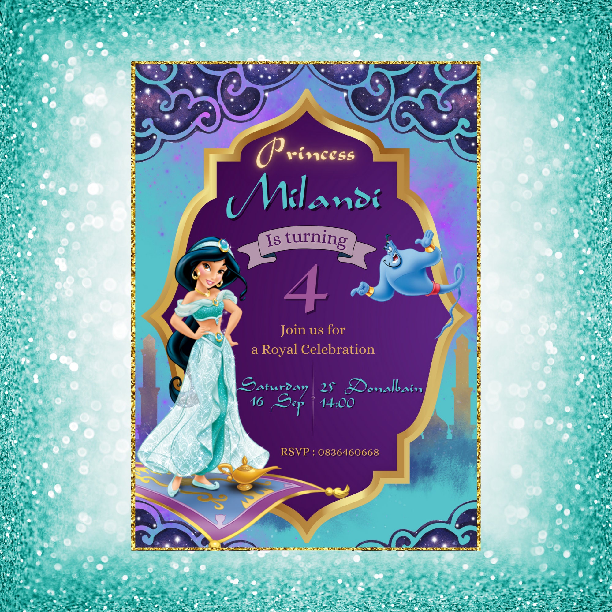 Digital Princess Jasmine Birthday Invitation-princess Party Invite-kids ...