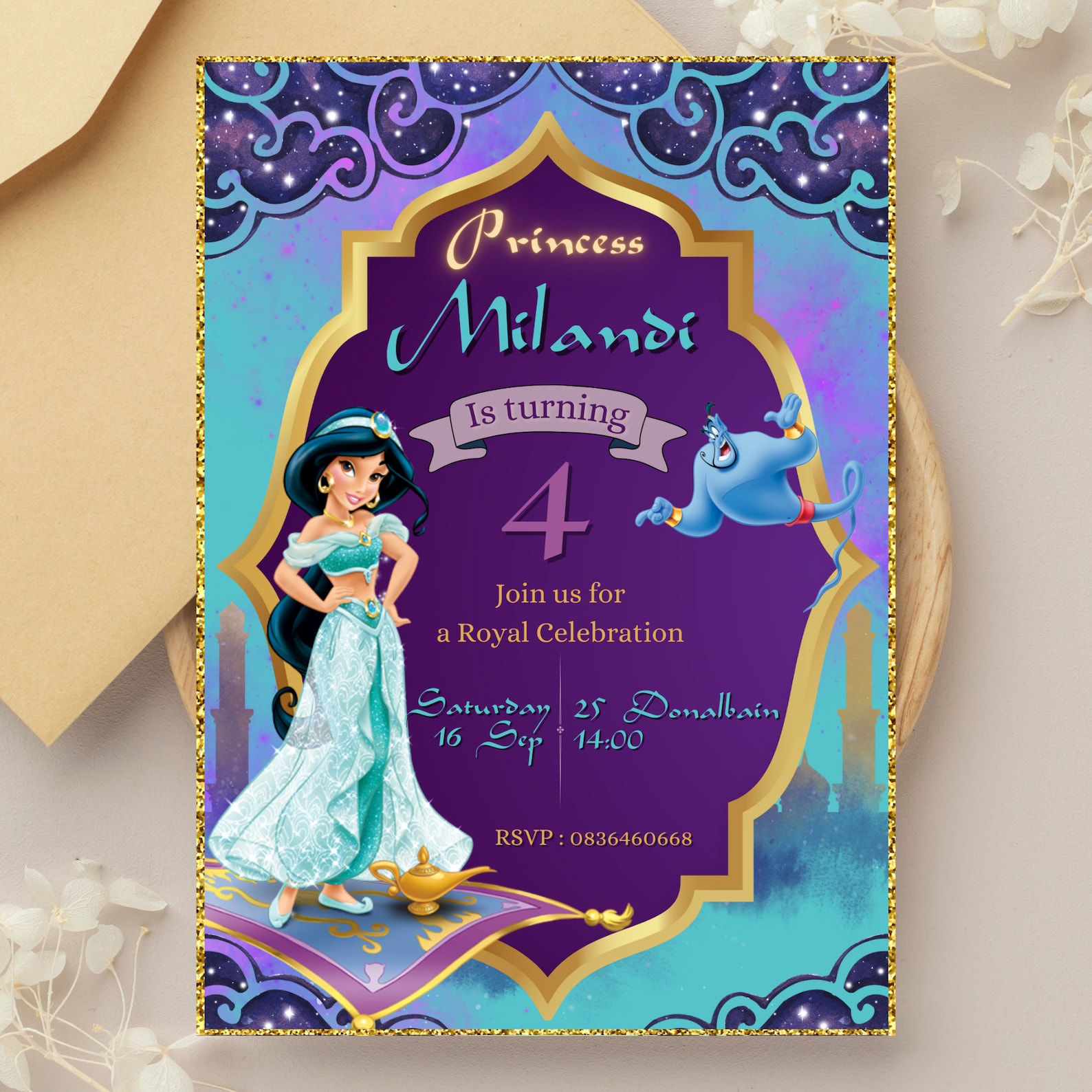 Digital Princess Jasmine Birthday Invitation-princess Party Invite-kids ...