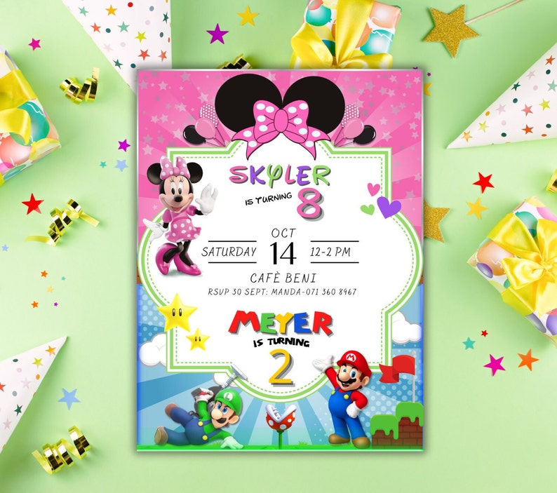Minnie Mouse and Mario Bros Joint Birthday Invitation-two Theme Party ...