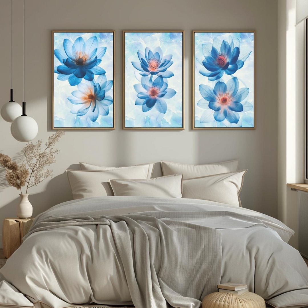 X-ray Water Lily Wall Art Set of 3 – Blue Lotus Floral Prints – Modern ...