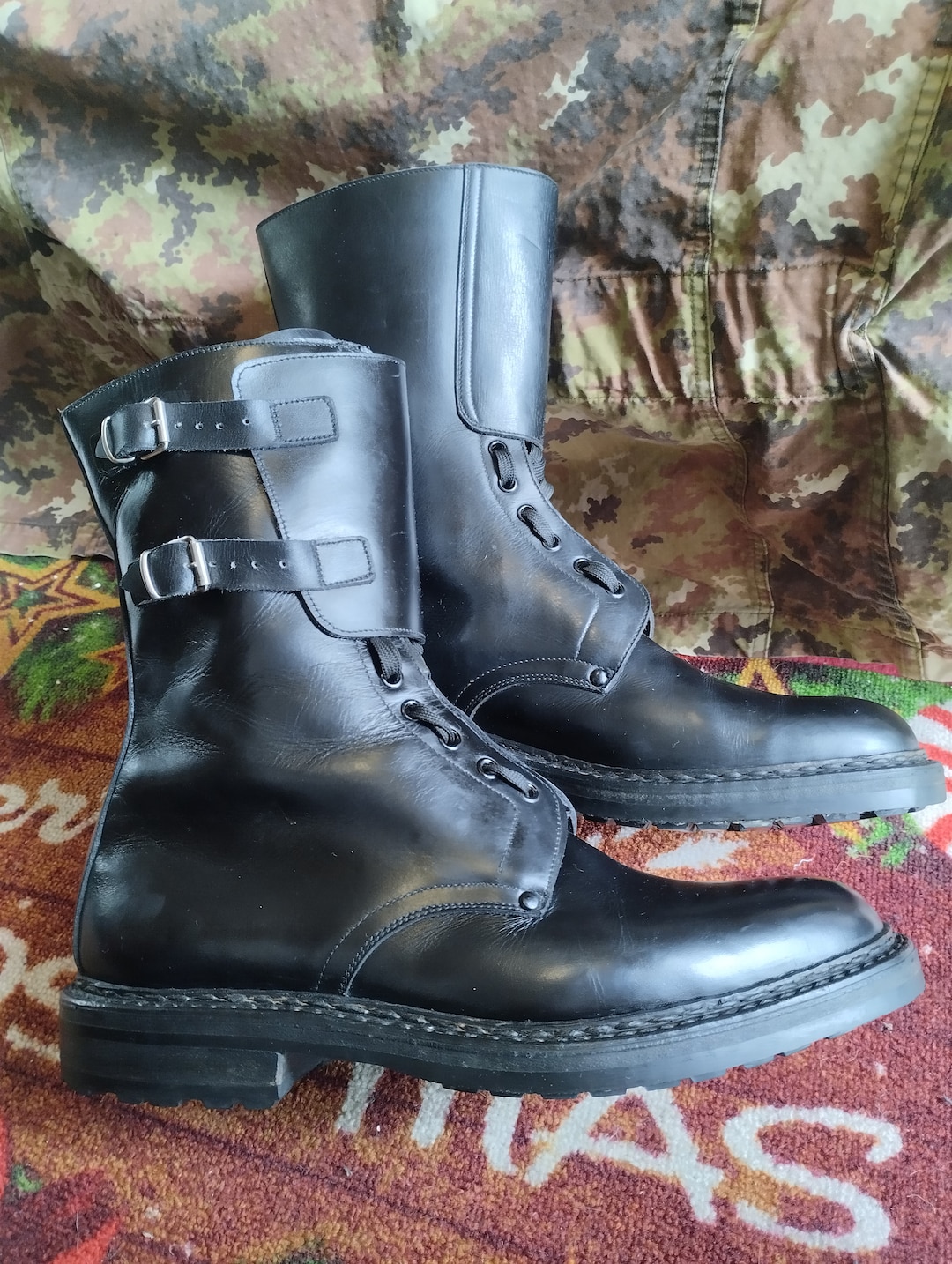 Combat Boots Italian Army Vintage 60S, Leather Black Boots Buckle, Vibram Commandos Soles 1960 ...