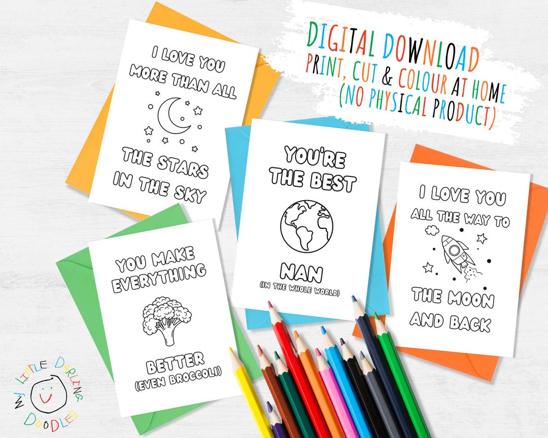 DIGITAL DOWNLOAD Nan Kid Colouring Greeting Cards 8 Pack Colour in ...