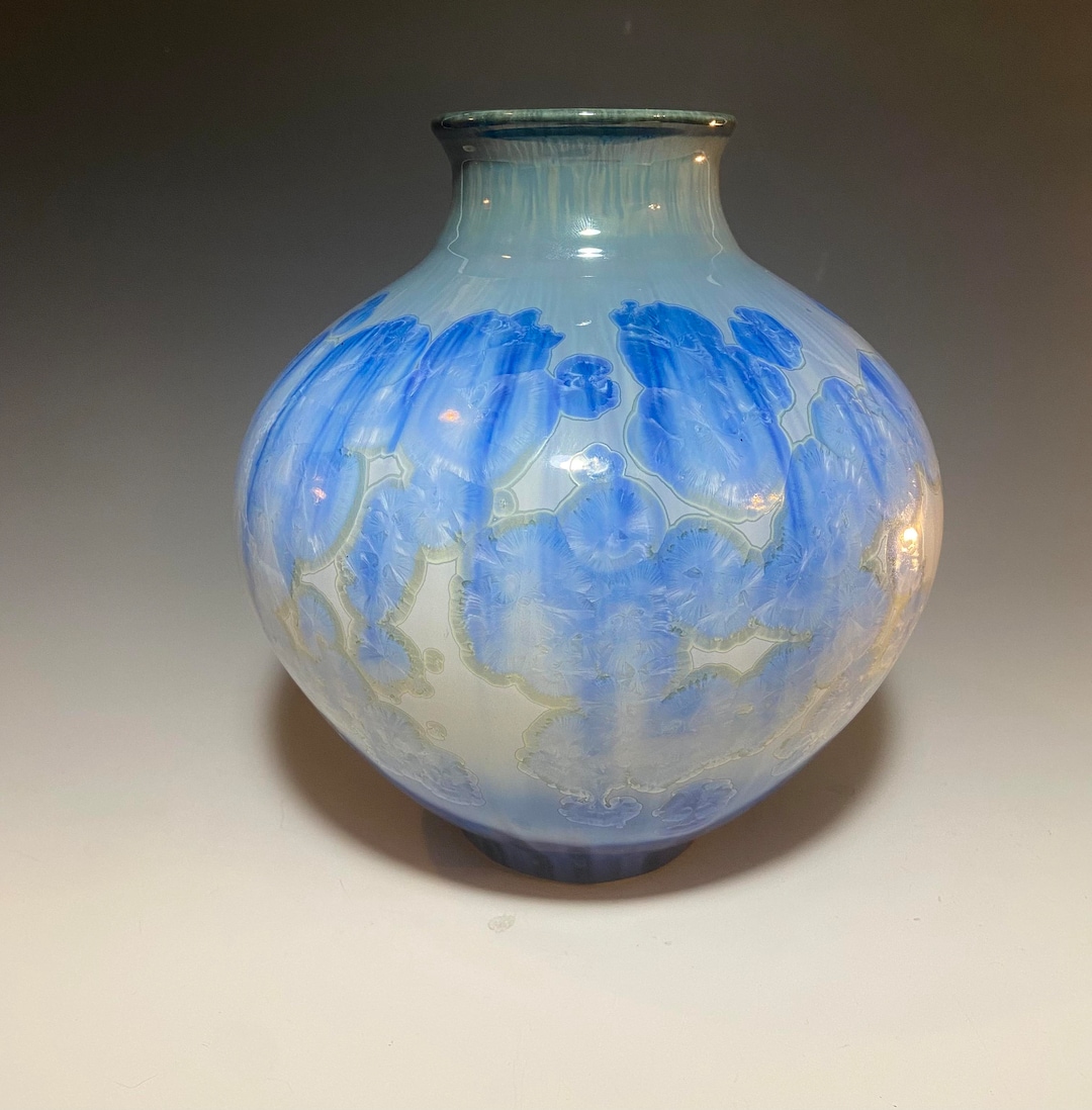 Signed Bill Campbell Crystalline Vase – Blue Studio Pottery With Round ...