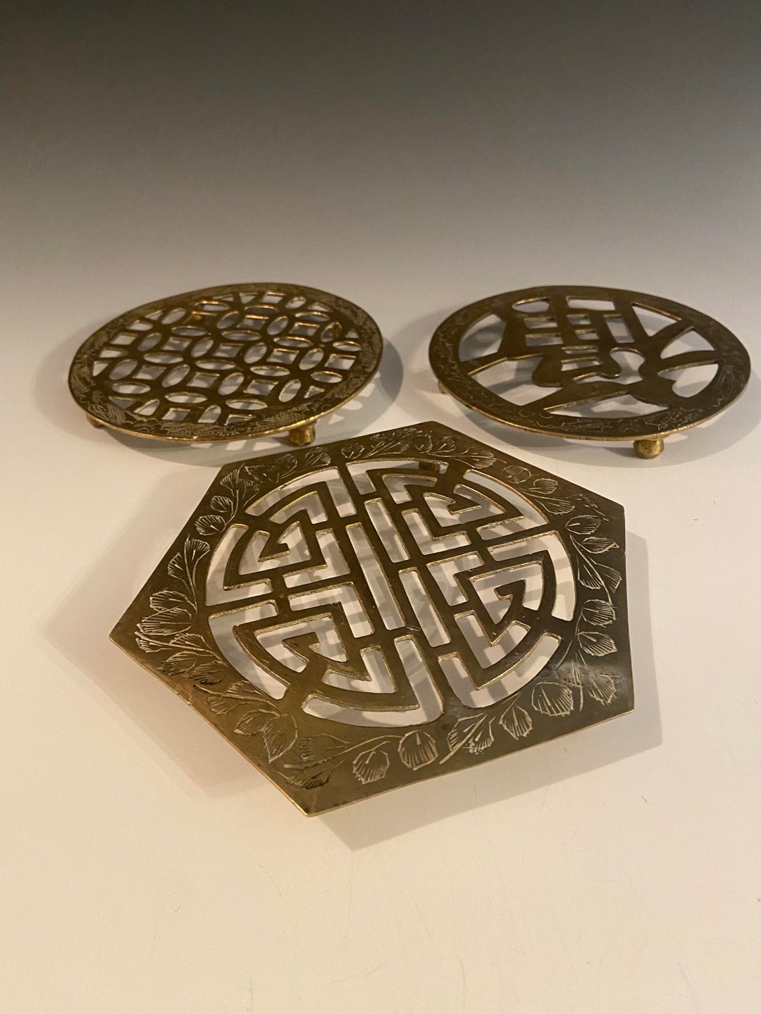 Decorative Chinese Round Brass Trivets Set of 3 - Etsy