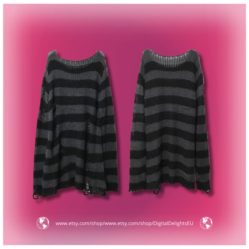 Knitted Horizontally Striped Sweater, Ripped Y2K Grunge Sweater ...