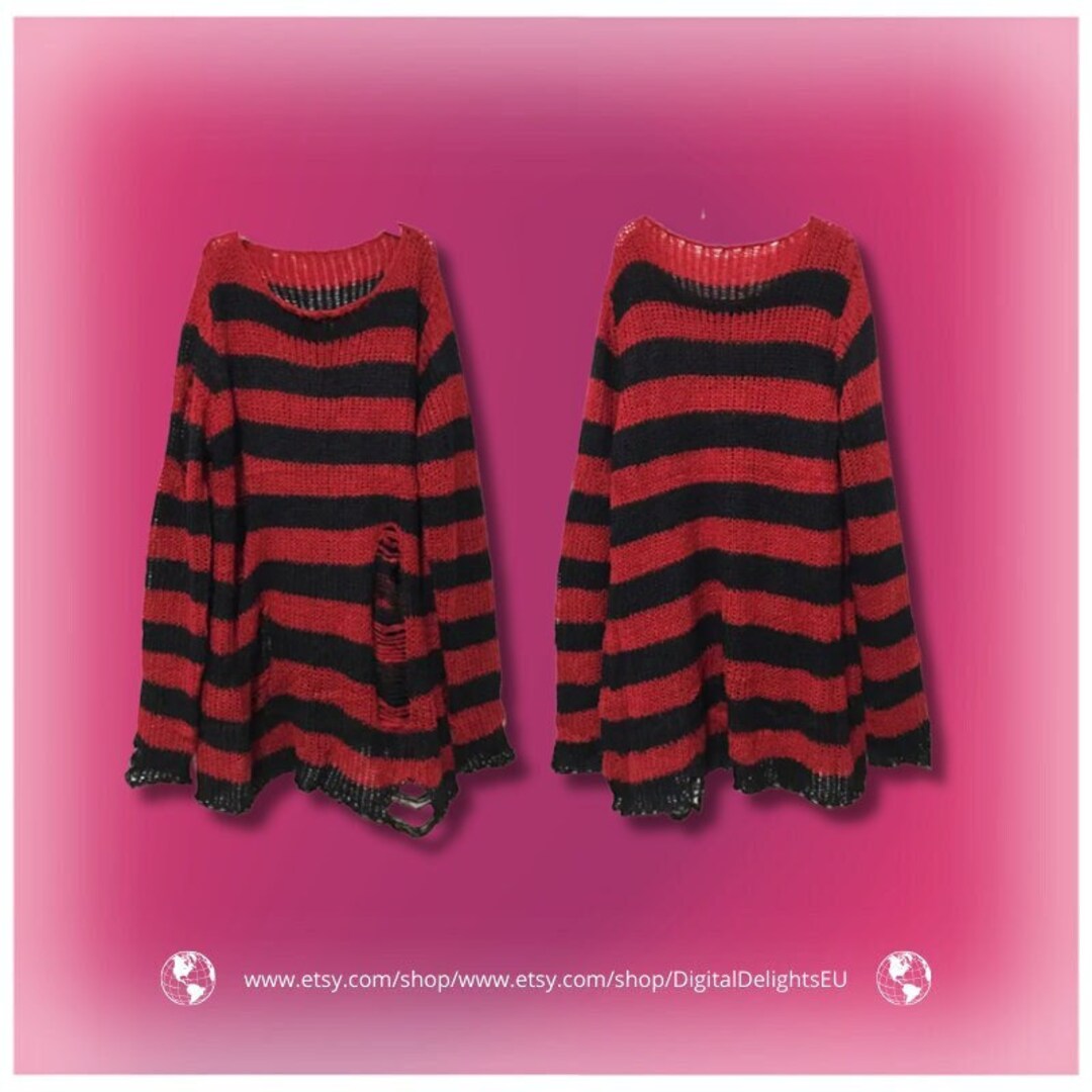 Knitted Horizontally Striped Sweater, Ripped Y2K Grunge Sweater ...