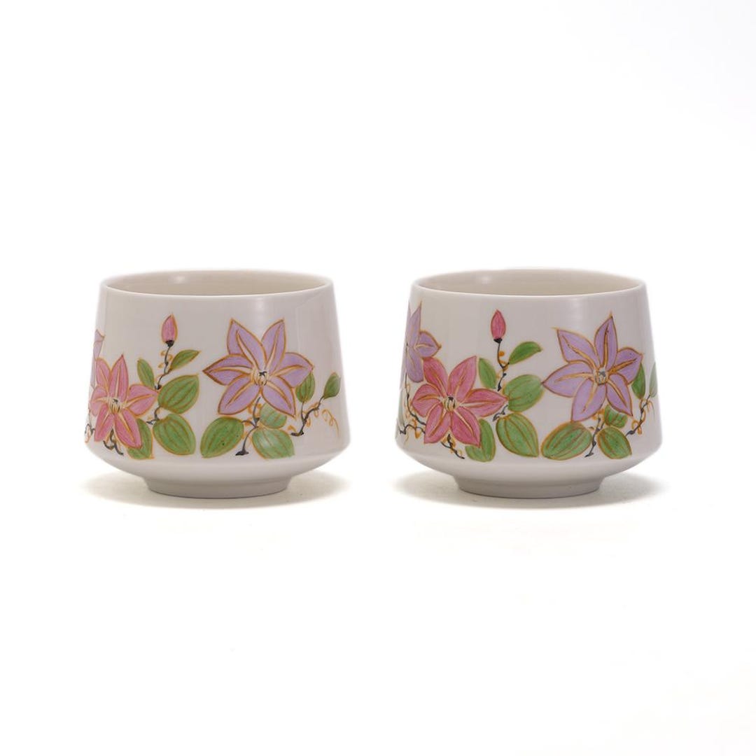 Hand-painted Flower Ceramic Matcha Cup Set of 2 Cups Green Ceramic Tea ...
