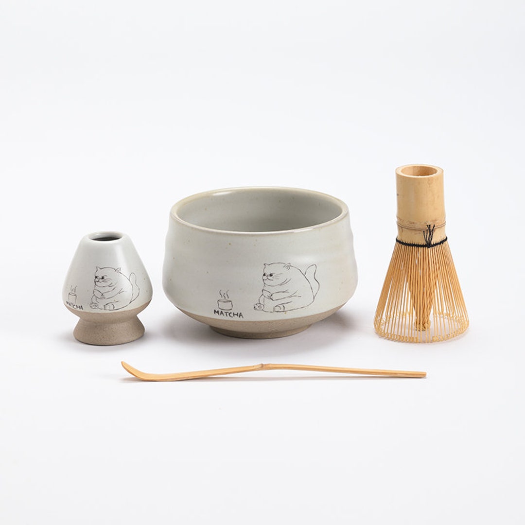 Cute Cat Ceramic Chawan With Bamboo Whisk and Chasen Holder Matcha Tea ...