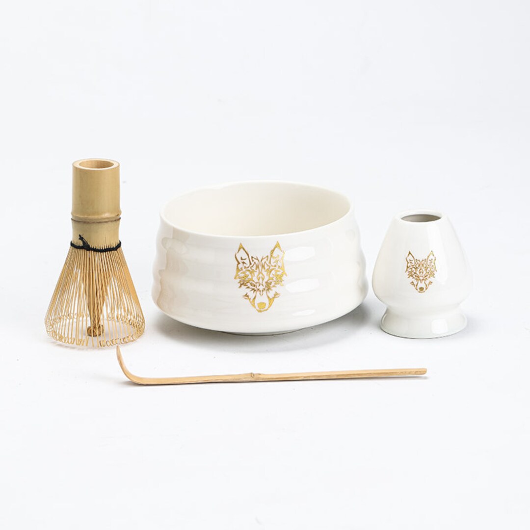 Wolf Pattern Ceramic Matcha Set With Bamboo Whisk and Chasen Holder Tea ...