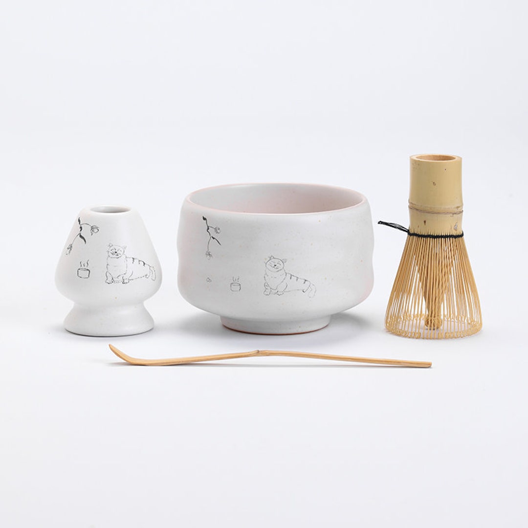 Hand-painted Cute Cat Ceramic Chawan Bowl With Bamboo Whisk and Chasen ...