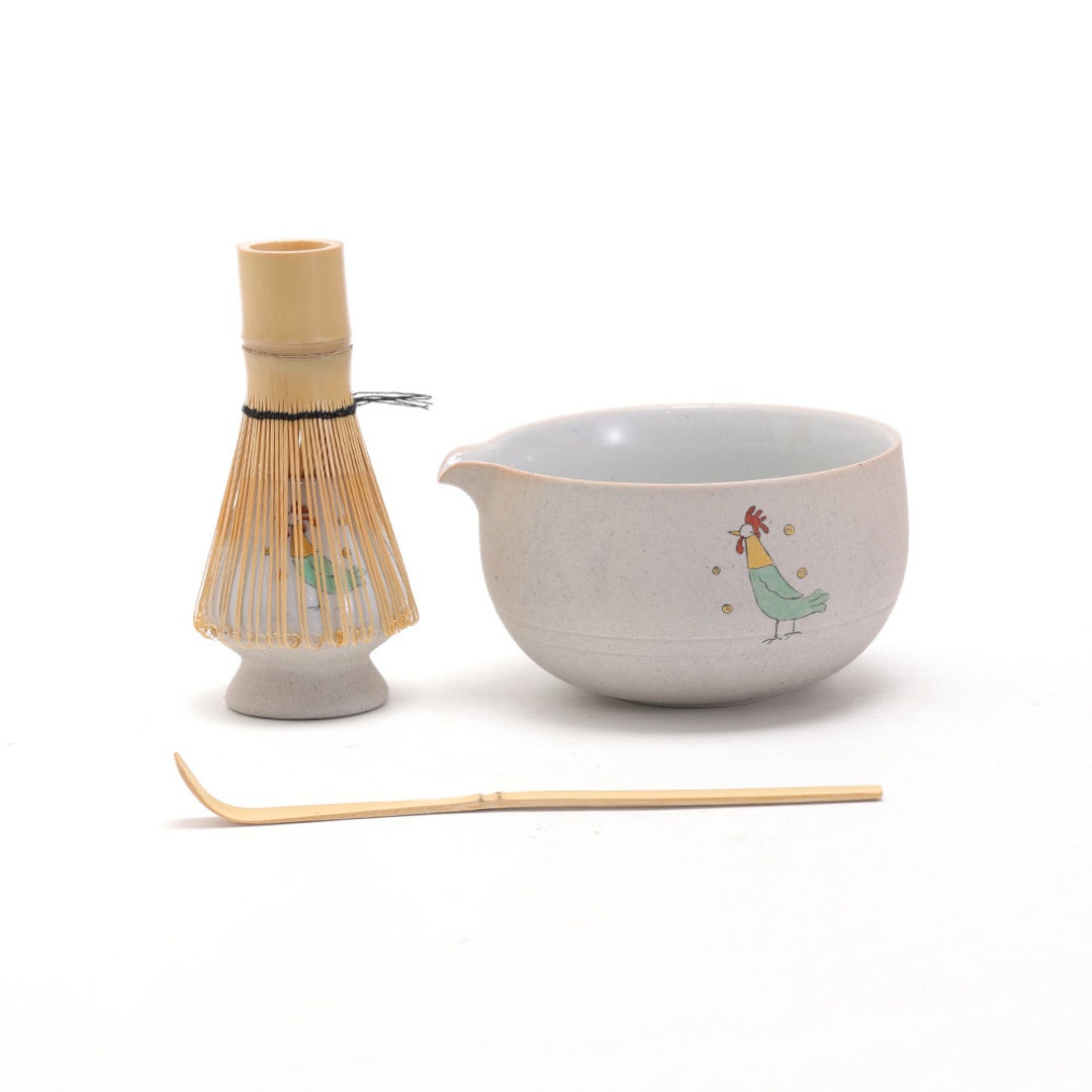 Hand-painted Coin Rooster Ceramic Matcha Bowl With Spout Bamboo Whisk ...