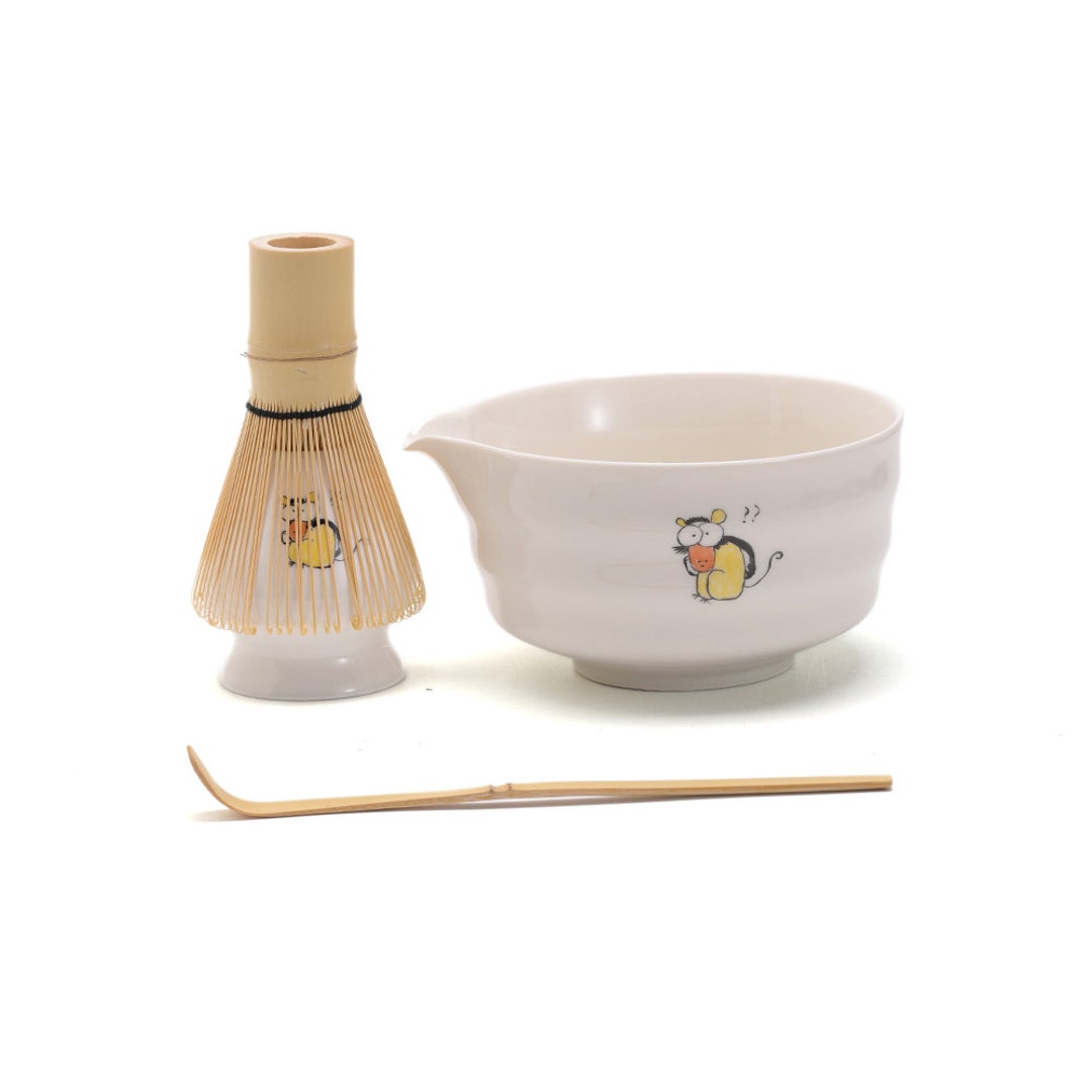 Hand-painted Cute Monkey Ceramic Matcha Bowl With Spout Bamboo Whisk ...