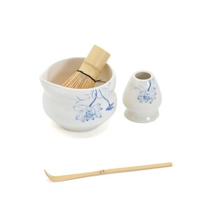 Hand-painted Blue Lotus Ceramic Matcha Bowl With Bamboo Whisk and Whisk ...